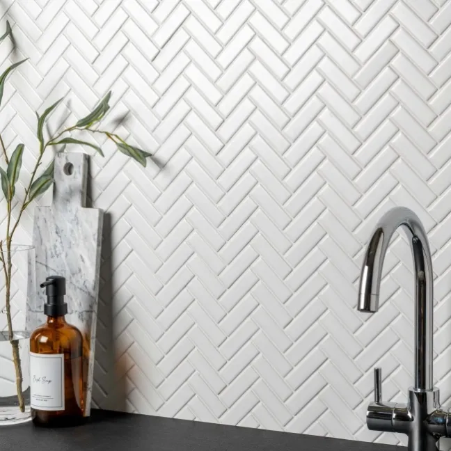 Pixel White Herringbone Matt 22x73 Mosaic Tiles | Walls and Floors