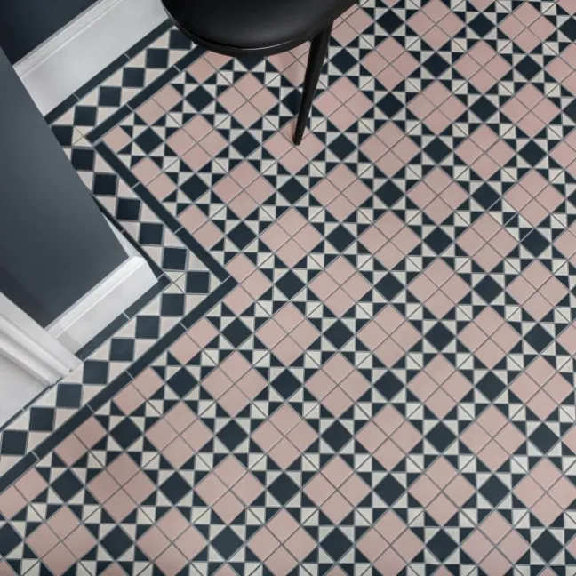 Churchill White & Navy Blue Border Matt Victorian Tiles