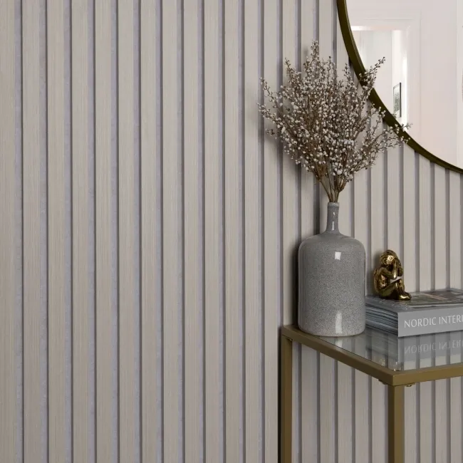 Trepanel® Light Oak on Antique White Felt Acoustic Wood Slat Panels